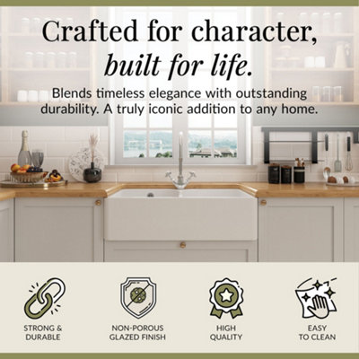 Fireclay Kitchen Sink - 795mm Double Bowl Butler with Stepped Weir ...