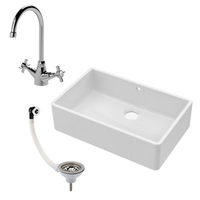 Fireclay Single Bowl Butler Sink with Overflow, Mono Sink Mixer Tap ...