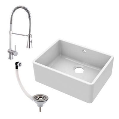 Fireclay Single Bowl Butler Sink with Overflow, Pull Out Rinser Tap ...