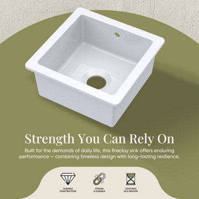 Fireclay Single Bowl Square Undermount Kitchen Sink with Overflow, 457mm