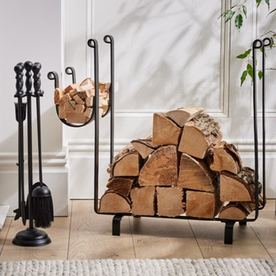 Fireplace Freestanding Wood Rack Black Iron Fireside Firewood Log ...