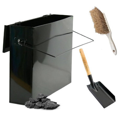 Fireside Black Ash Carrier with Shovel & Brush - Galvanised Metal Ash ...