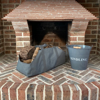 Fireside Kindling Bucket in French Grey with Canvas Log Carrier Bag ...