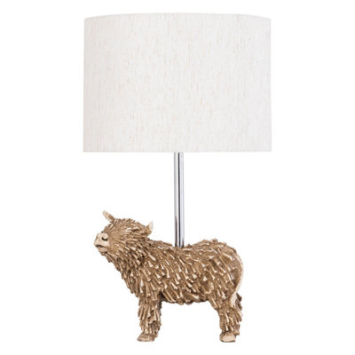 First Choice Lighting Angus Highland Cow Table Lamp With Oatmeal Linen ...
