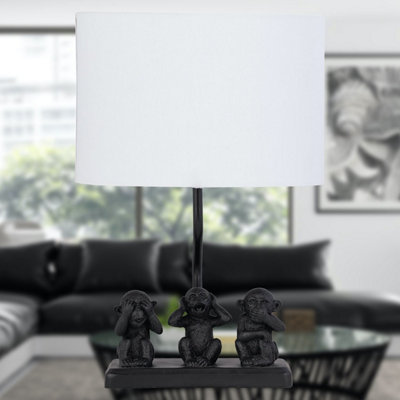 First Choice Lighting Cheeky Three Monkeys Table Lamp With White Fabric ...