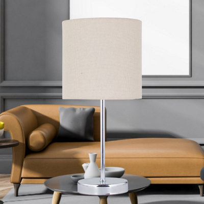 First Choice Lighting Chrome Stick Table Lamp with Natural Linen Shade