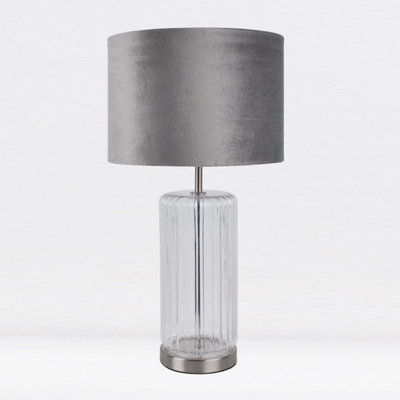 First Choice Lighting Clear Fluted Glass Lamp with Grey Velvet Shade