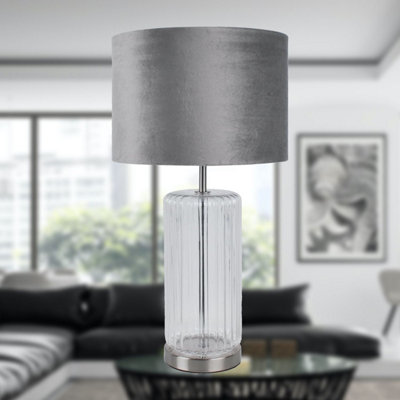 First Choice Lighting Clear Fluted Glass Lamp with Grey Velvet Shade