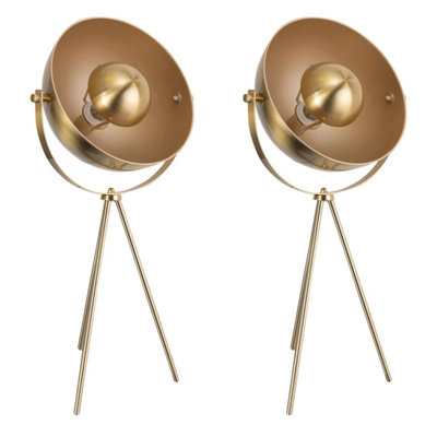 First Choice Lighting Pair of Retro Satin Brass Tripod Table Lamps