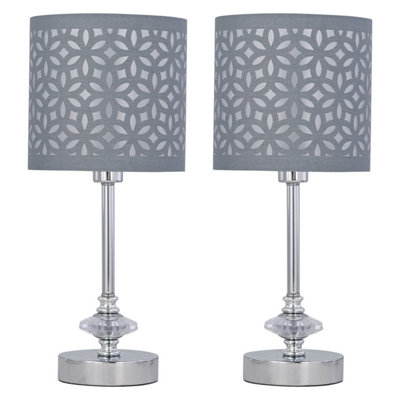 FIRST CHOICE LIGHTING SET OF 2 CHROME JEWELLED TABLE LAMPS WITH GREY ...