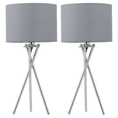 First Choice Lighting Set of 2 Chrome Tripod Table Lamps with Grey ...