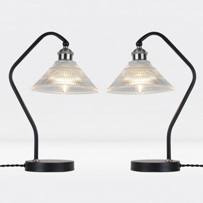 First Choice Lighting Set of 2 Matt Black With Fluted Glass Table Lamps