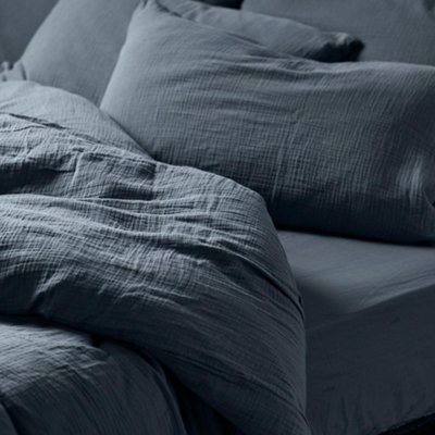 Fitted Bed Sheet Denim Blue Cotton Plain Bedsheet Double