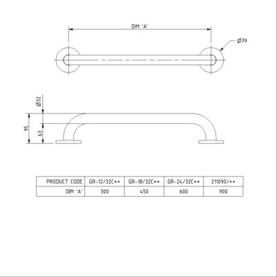 Fitzroy of London Grab rail, stainless steel, concealed fixings, 32mm ...