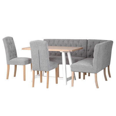 Fixed Top White Dining Table, Right Hand Grey Corner Bench and 2 Chairs ...