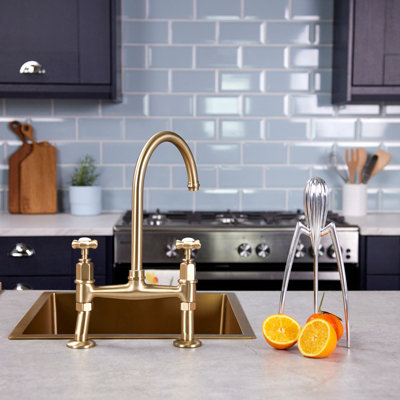 flöde Larvik Cross Head Bridge Kitchen Mixer Tap Brushed Brass Finish