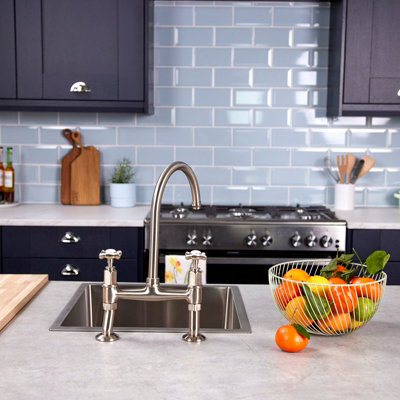 flöde Larvik Cross Head Kitchen Bridge Mixer Tap Pewter Finish