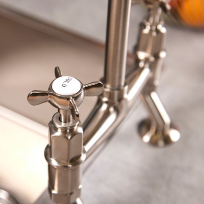 flöde Larvik Cross Head Kitchen Bridge Mixer Tap Pewter Finish