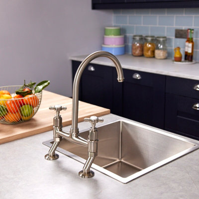flöde Larvik Cross Head Kitchen Bridge Mixer Tap Pewter Finish