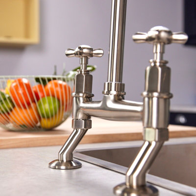 flöde Larvik Cross Head Kitchen Bridge Mixer Tap Pewter Finish