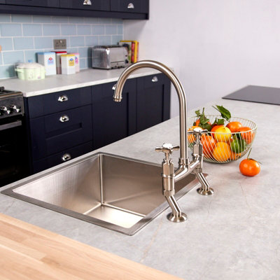 flöde Larvik Cross Head Kitchen Bridge Mixer Tap Pewter Finish