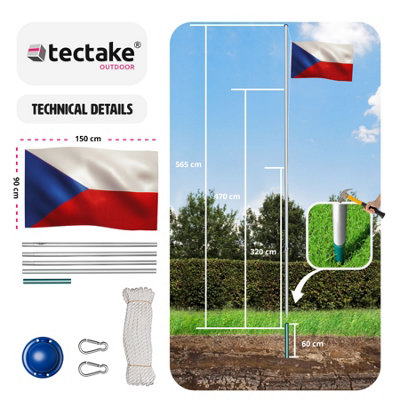 Flag Pole with Flag - aluminium, including cable pulley, ground socket ...
