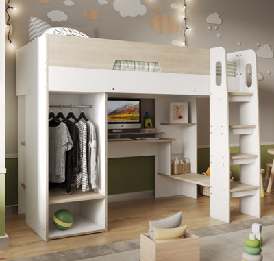 High sleeper with wardrobe store