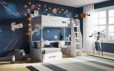 Flair Cosmic Wooden High Sleeper With Charcoal Grey Futon - White