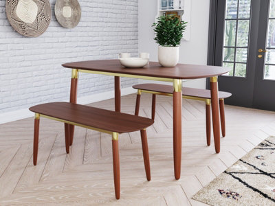 Flair Edelweiss Dining Table and Bench Set - Walnut and Brass