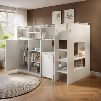 Flair Wizard Junior Wooden Highsleeper Workstation - White