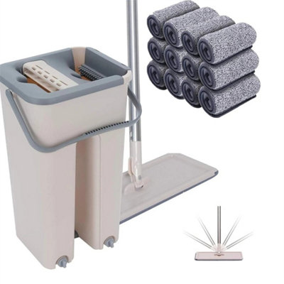 Flat Mop and Bucket Set Mop Dry Squeeze & Multi Functional Wash +12pcs Pads