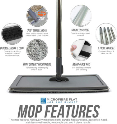 Flat Mop and Bucket Set with Built In Wringer 2 Microfibre Pads, 360 ...