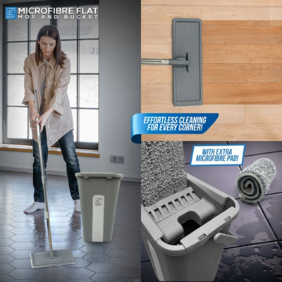 Flat Mop and Bucket Set with Built In Wringer 2 Microfibre Pads, 360 ...