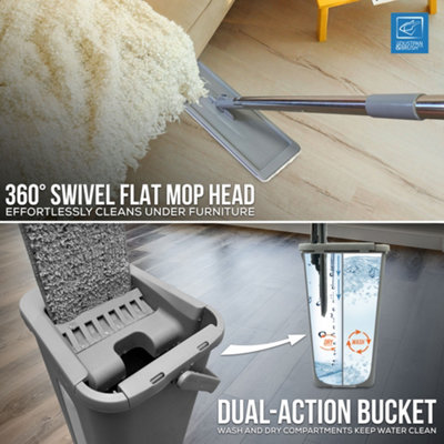 Flat Mop and Bucket Set with Built In Wringer 2 Microfibre Pads, 360 ...