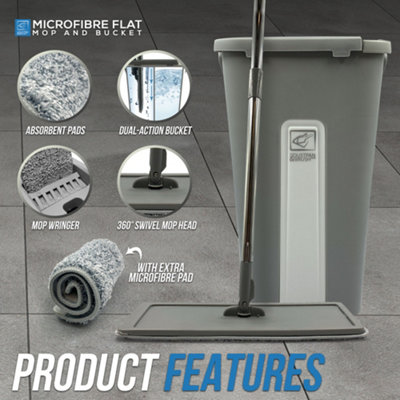 Flat Mop and Bucket Set with Built In Wringer 2 Microfibre Pads, 360 ...