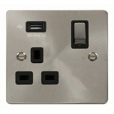 Flat Plate Satin / Brushed Chrome 1 Gang 13A DP Ingot 1 USB Switched ...