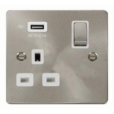 Flat Plate Satin / Brushed Chrome 1 Gang 13A DP Ingot 1 USB Switched ...