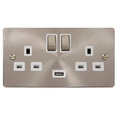 Flat Plate Satin / Brushed Chrome 2 Gang 13A DP Ingot 1 USB Twin Double ...