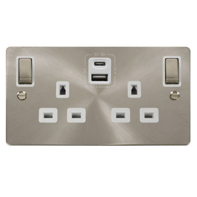 Flat Plate Satin / Brushed Chrome 2 Gang 13A DP Ingot Type A & C USB ...