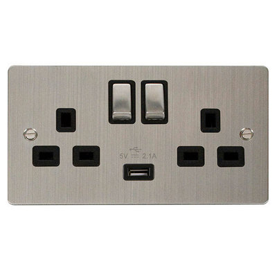 Flat Plate Stainless Steel 2 Gang 13A DP Ingot 1 USB Twin Double ...