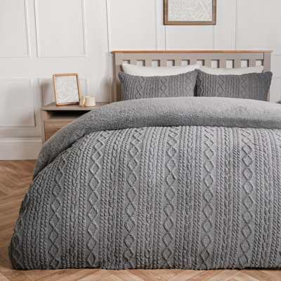Fleece Duvet Cover Set Cable Knit Warm Reversible Quilt Bedding, Cream ...