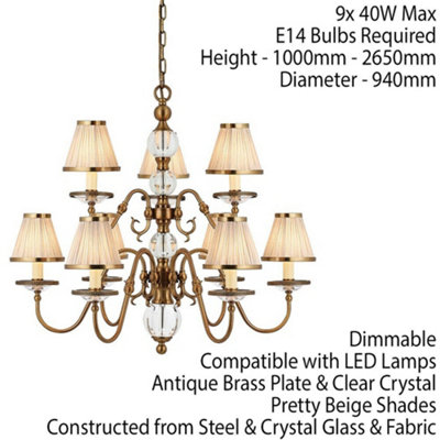 Flemish Ceiling Pendant Chandelier Antique Brass & Beige Shades 9 Lamp ...