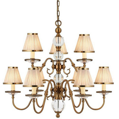 Flemish Ceiling Pendant Chandelier Antique Brass & Beige Shades 9 Lamp ...