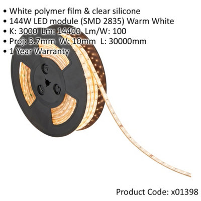 Flexible IP67 LED Tape Light - 30m Reel - 144W Warm White LEDs - Self ...