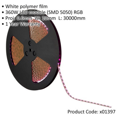 Flexible LED Tape Light - 30m Reel - 360W RGB LEDs - Self-Adhesive Backing