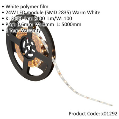 FLEXIBLE LED TAPE LIGHT - 5 METRES - 24W WARM WHITE LEDS - DIMMABLE ...