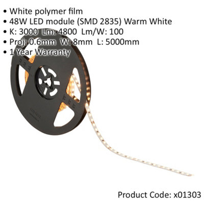 Flexible LED Tape Light - 5 Metres - 48W Warm White LEDs - Dimmable ...