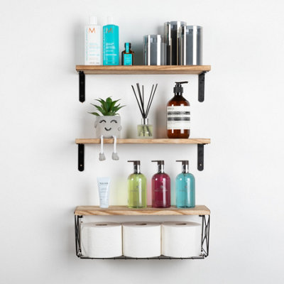 Floating Shelf Wall Mounted 3 Wood Shelves With Metal Basket | DIY at B&Q
