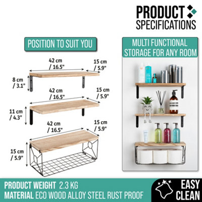 Floating Shelf Wall Mounted 3 Wood Shelves With Metal Basket | DIY at B&Q