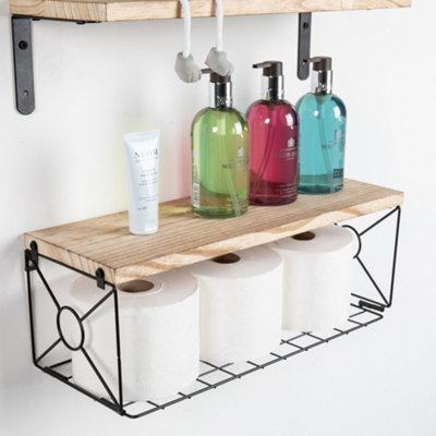 Floating Shelf Wall Mounted 3 Wood Shelves With Metal Basket